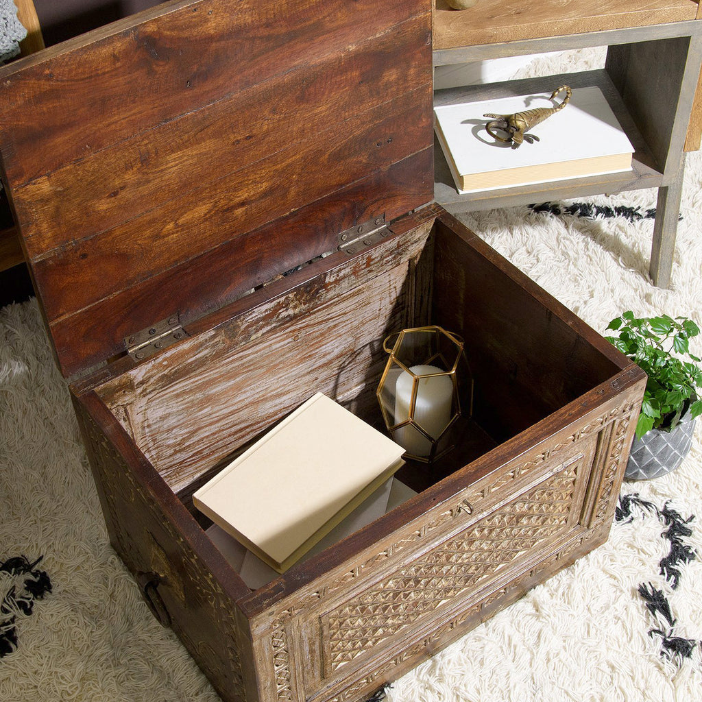 Antique carved wooden chest store